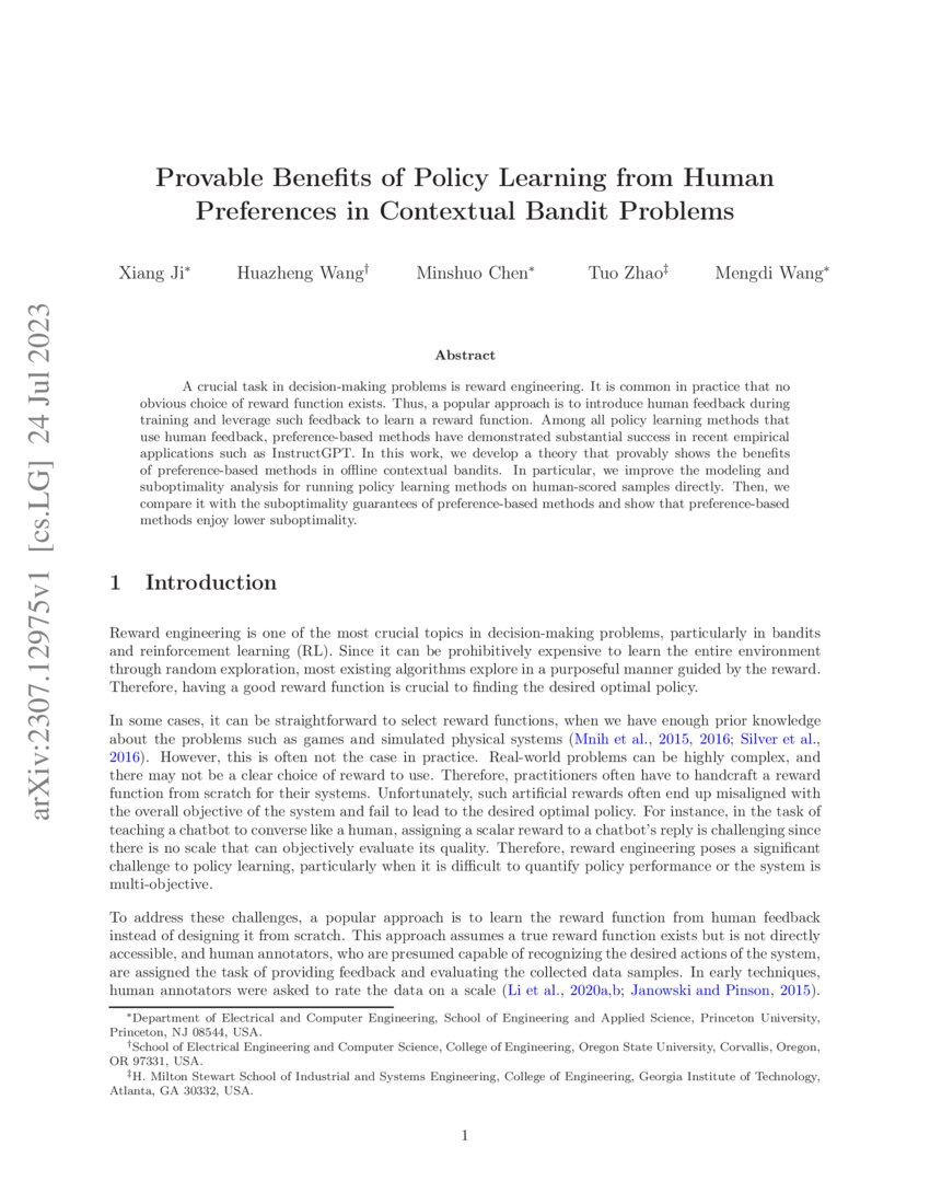 Provable Benefits Of Policy Learning From Human Preferences In Contextual Bandit Problems Deepai 