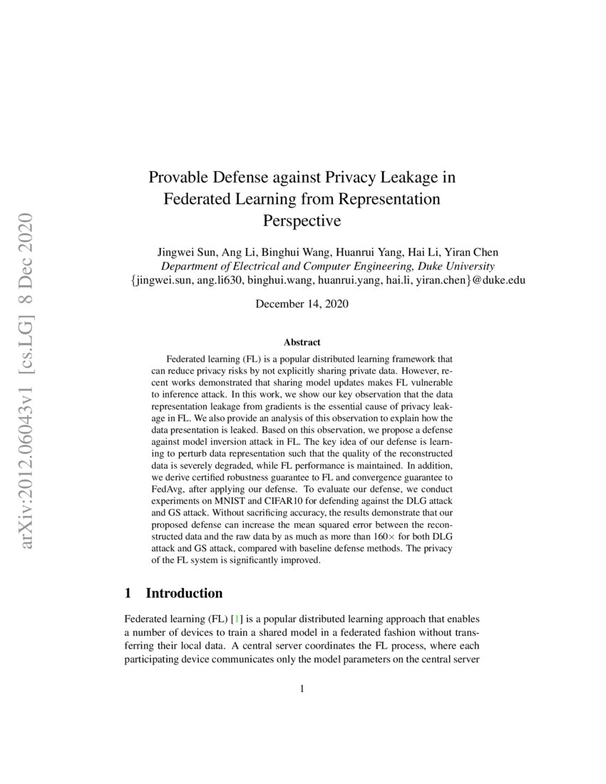 Provable Defense against Privacy Leakage in Federated Learning from Representation Perspective ...