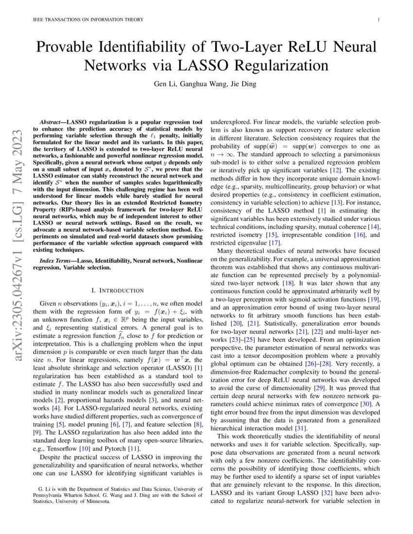 Provable Identifiability Of Two Layer Relu Neural Networks Via Lasso Regularization Deepai