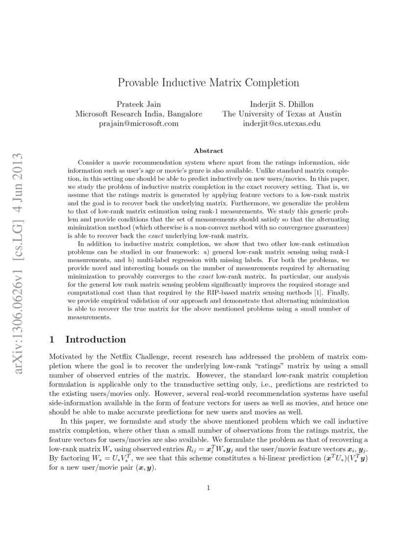 Provable Inductive Matrix Completion Deepai