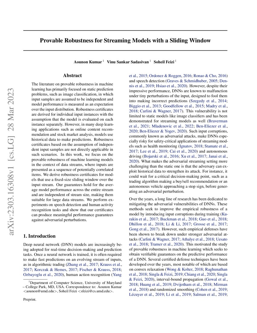 Provable Robustness for Streaming Models with a Sliding Window | DeepAI