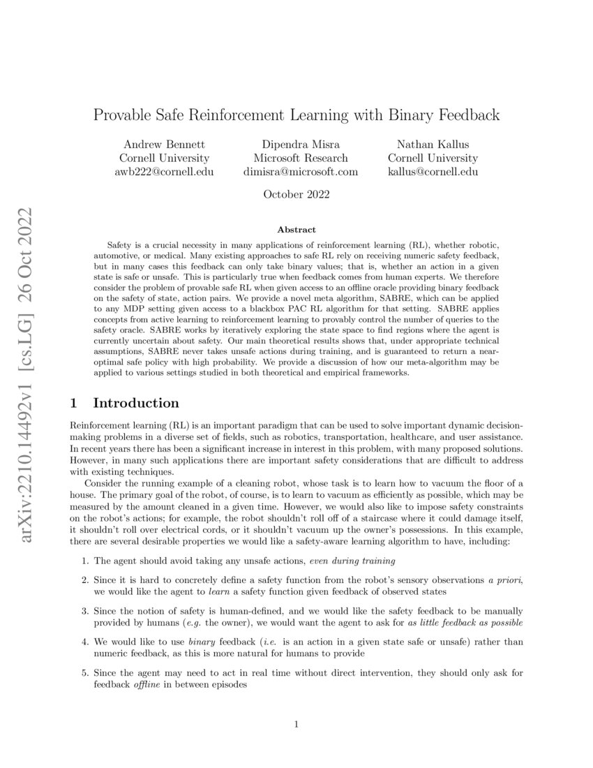 Provable Safe Reinforcement Learning With Binary Feedback Deepai