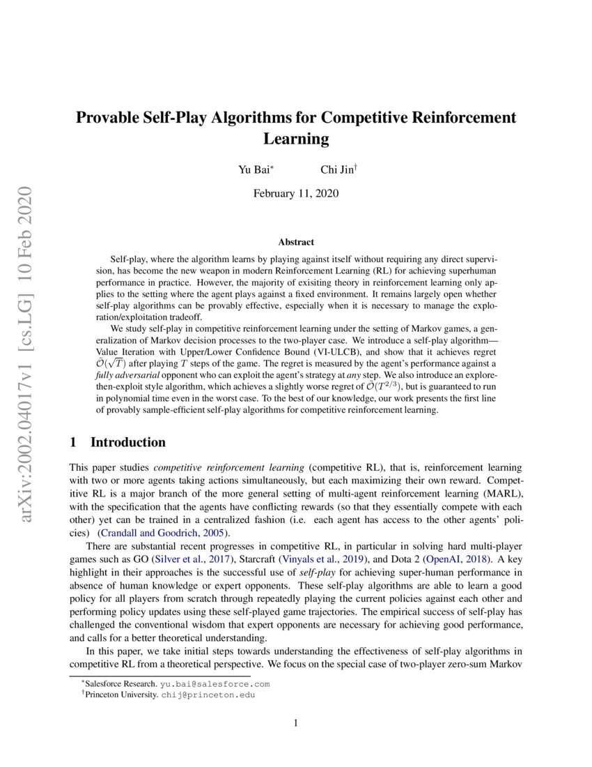 Provable Self-Play Algorithms for Competitive Reinforcement Learning | DeepAI