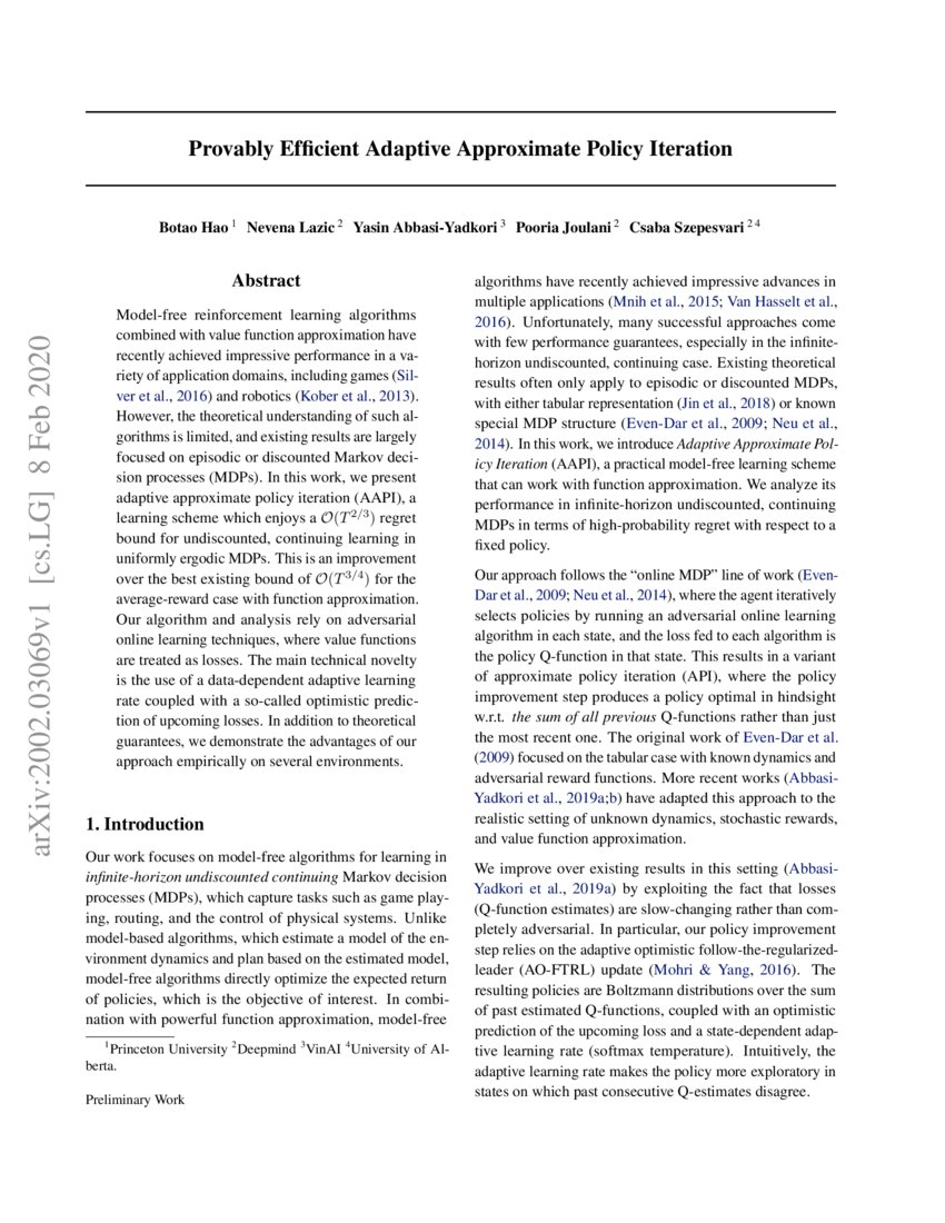 Provably Efficient Adaptive Approximate Policy Iteration Deepai