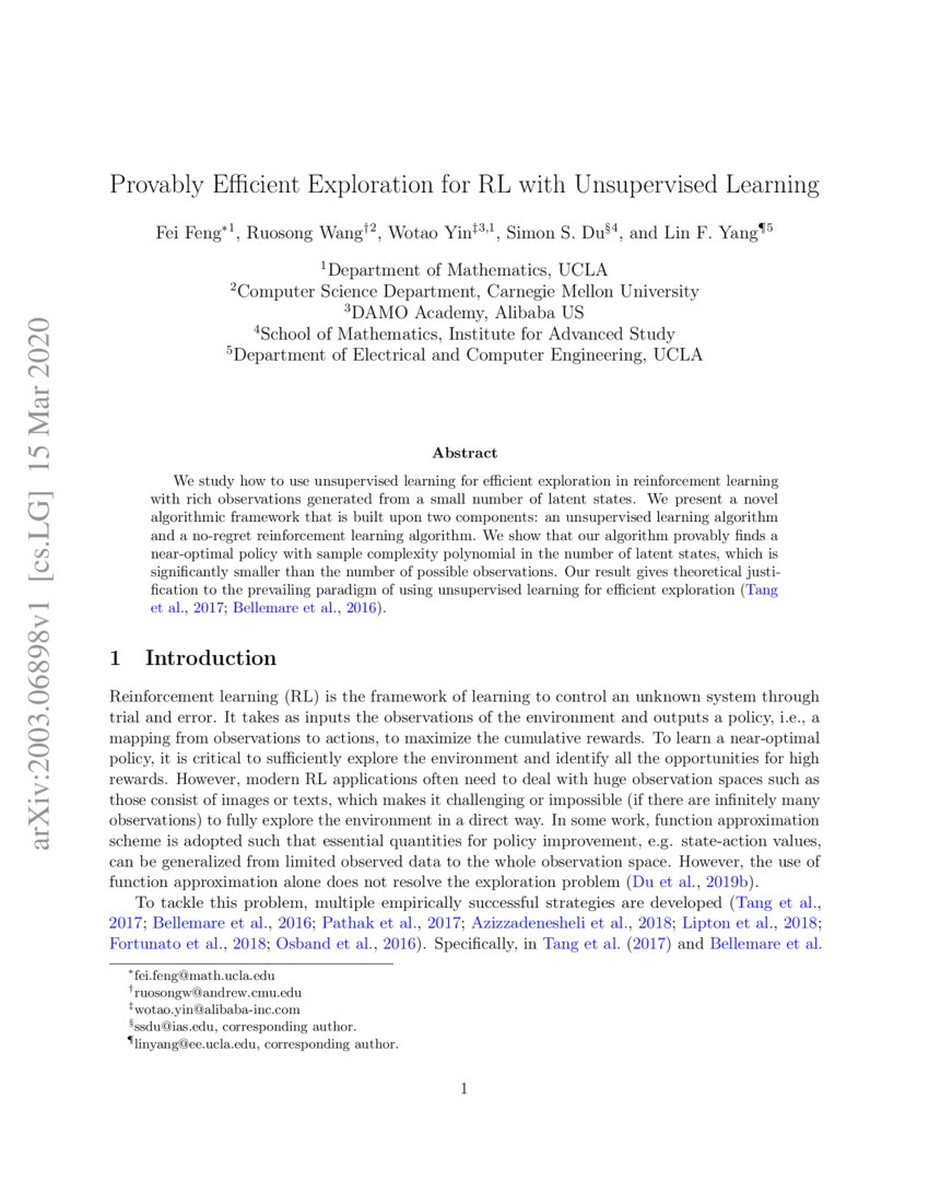 Provably Efficient Exploration For Rl With Unsupervised Learning Deepai 8608