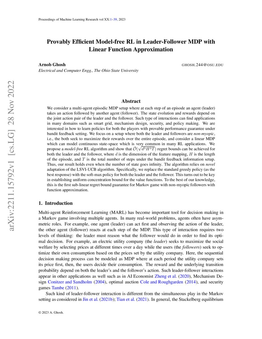 Provably Efficient Model Free Rl In Leader Follower Mdp With Linear Function Approximation Deepai