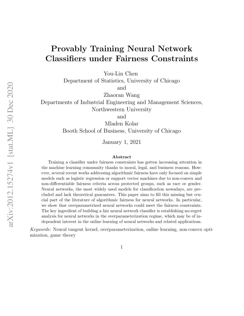 Provably Training Neural Network Classifiers under Fairness Constraints | DeepAI