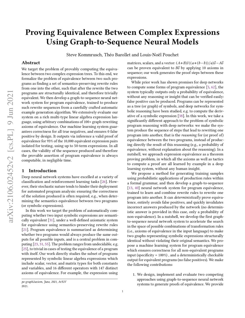 Proving Equivalence Between Complex Expressions Using Graph-to-Sequence Neural Models | DeepAI