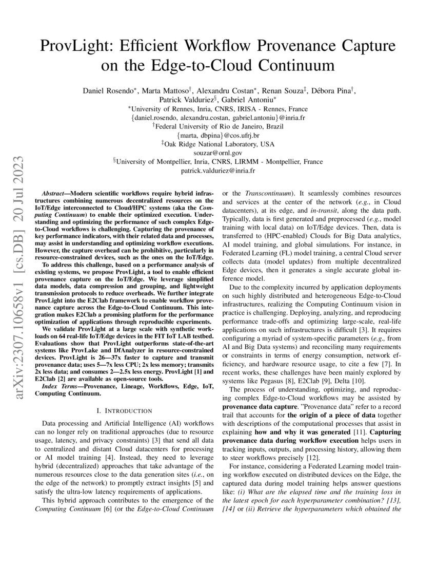 ProvLight: Efficient Workflow Provenance Capture on the Edge-to-Cloud Continuum | DeepAI