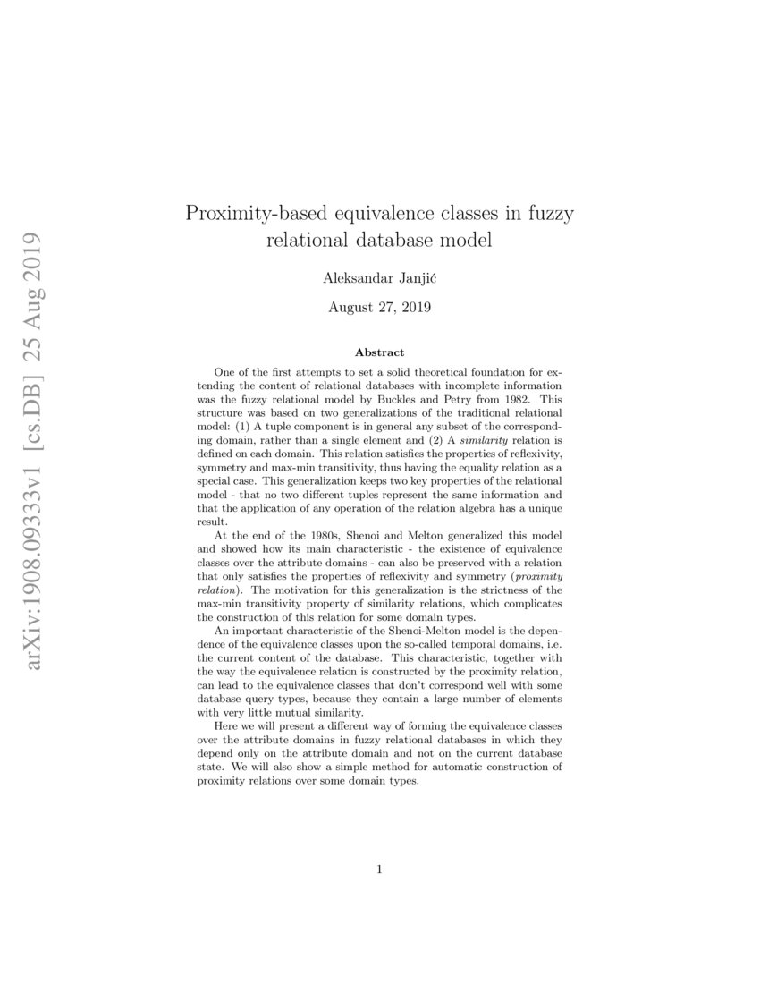 Proximity Based Equivalence Classes In Fuzzy Relational Database Model Deepai 2271