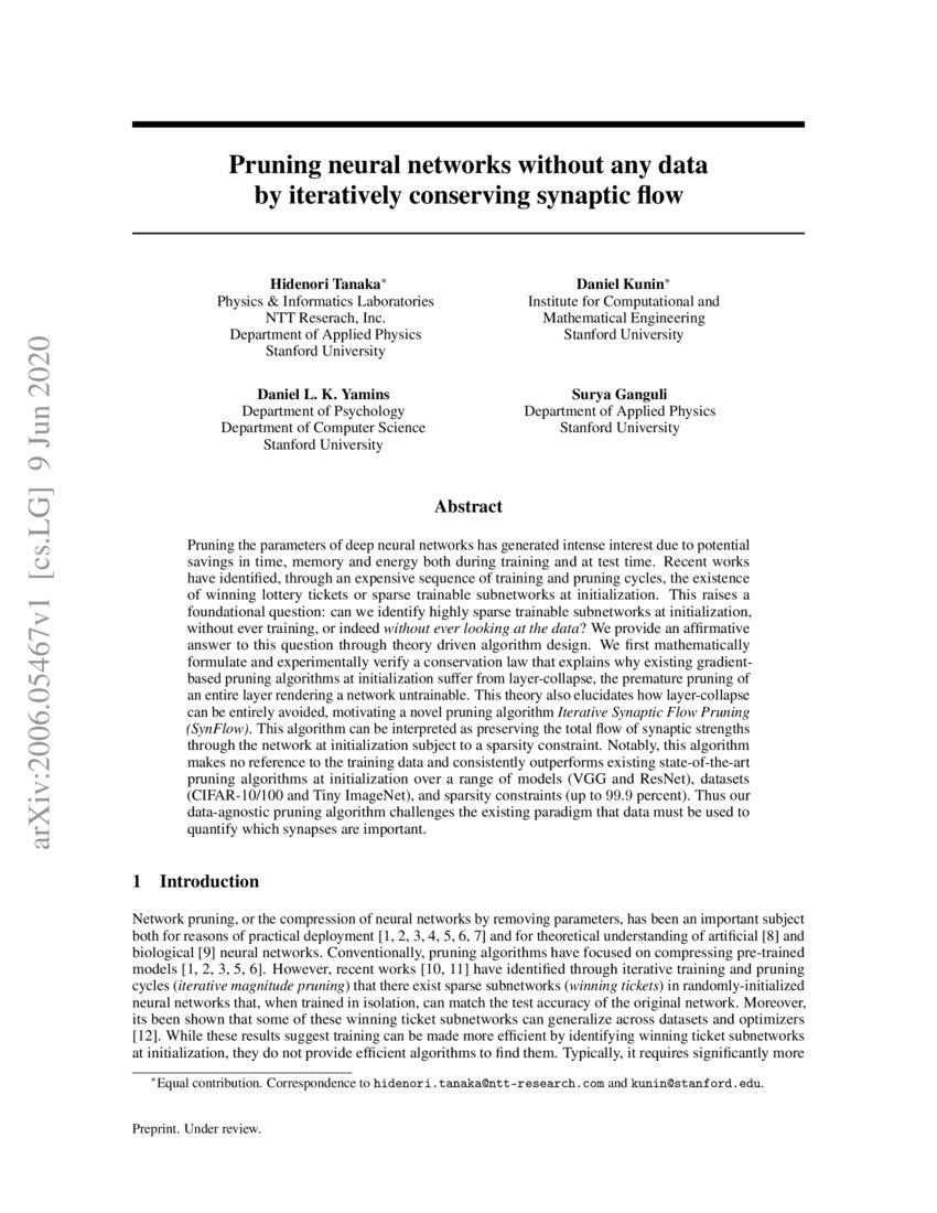 Pruning neural networks without any data by iteratively conserving synaptic flow | DeepAI