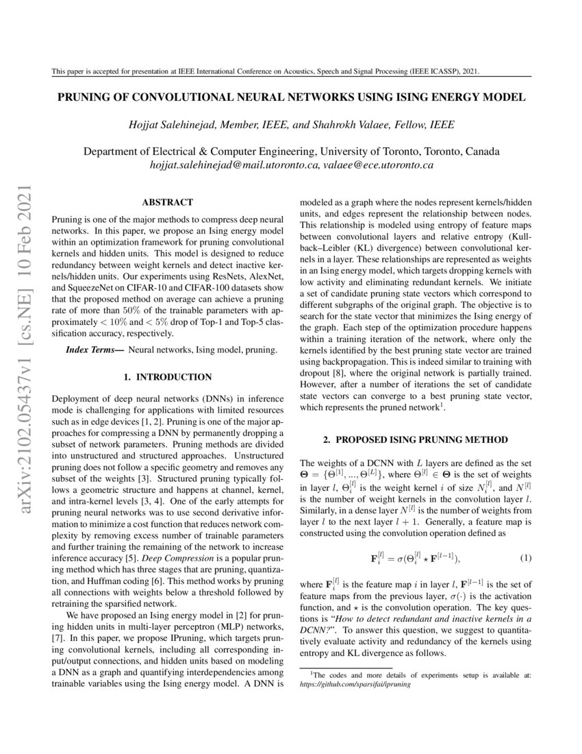 Pruning of Convolutional Neural Networks Using Ising Energy Model | DeepAI