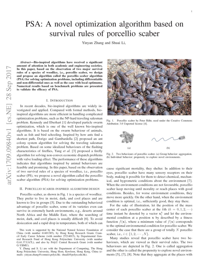 Psa A Novel Optimization Algorithm Based On Survival Rules Of Porcellio Scaber Deepai