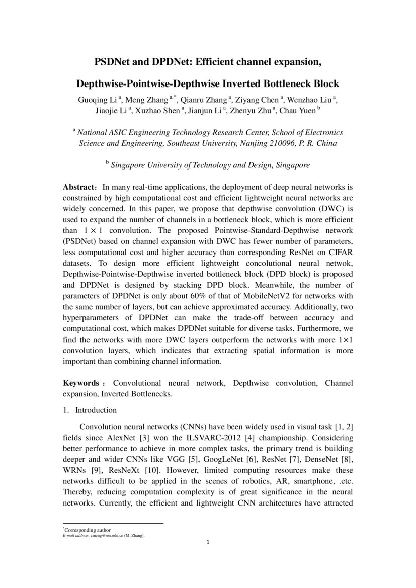 PSDNet and DPDNet: Efficient channel expansion, Depthwise-Pointwise ...