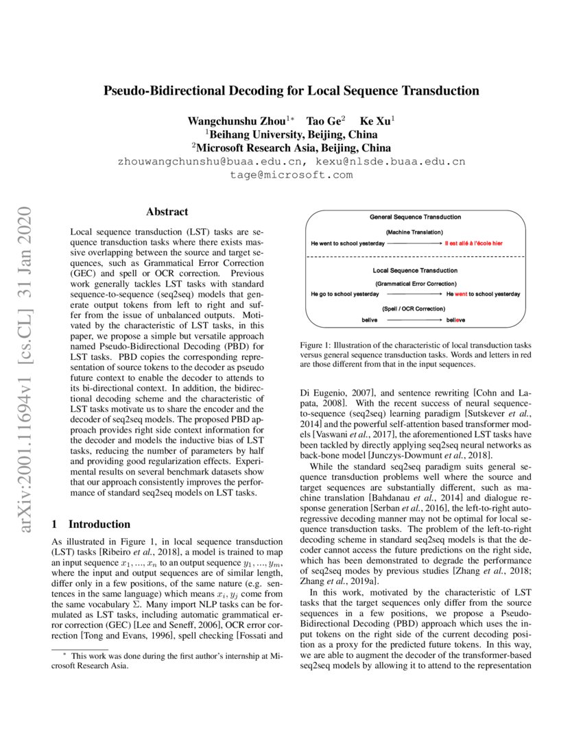 Pseudo-Bidirectional Decoding for Local Sequence Transduction | DeepAI Pseudo-Bidirectional Decoding for Local Sequence Transduction | DeepAI