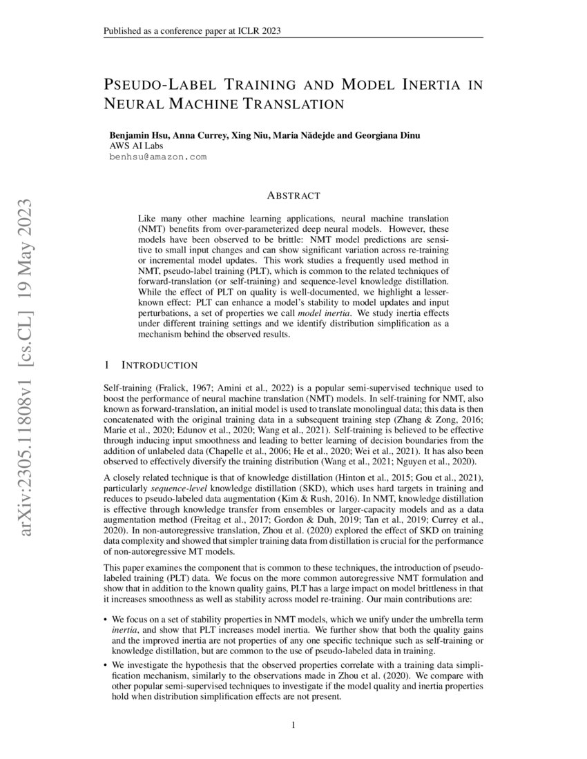 Pseudo Label Training And Model Inertia In Neural Machine Translation