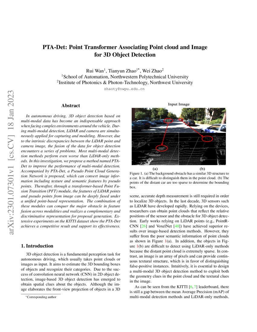 Pta Det Point Transformer Associating Point Cloud And Image For 3d Object Detection Deepai