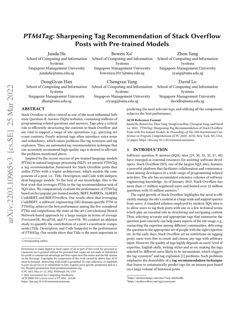 Ptm4tag Sharpening Tag Recommendation Of Stack Overflow Posts With Pre Trained Models Deepai