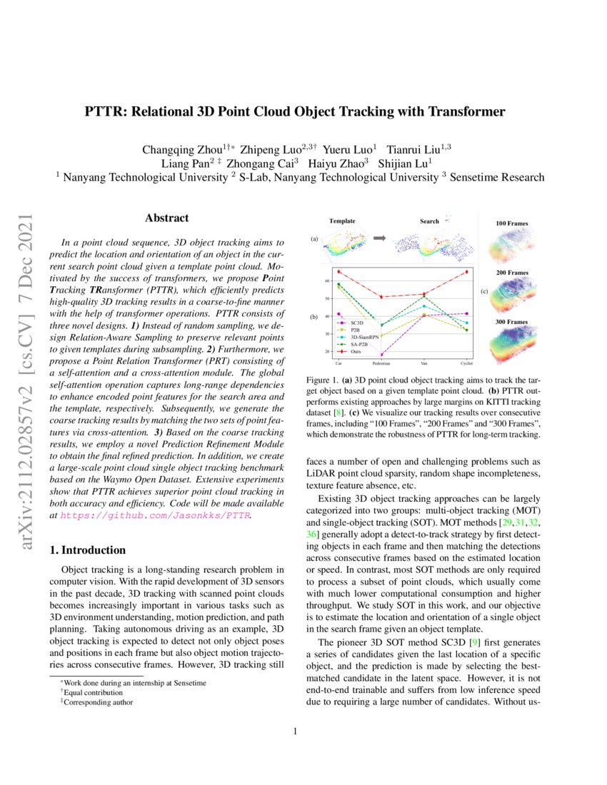 PTTR: Relational 3D Point Cloud Object Tracking with Transformer | DeepAI