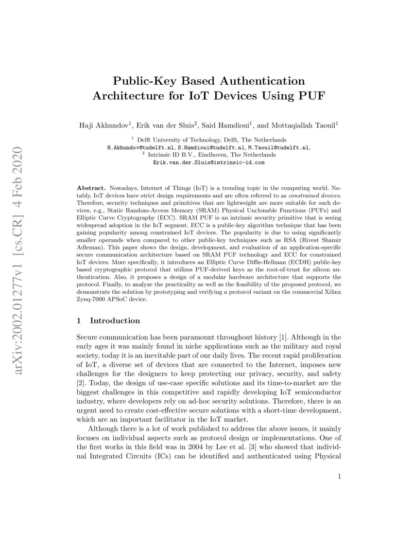Public-Key Based Authentication Architecture for IoT Devices Using PUF ...