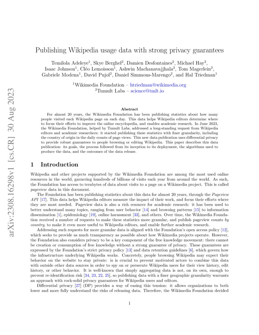 Publishing Wikipedia usage data with strong privacy guarantees | DeepAI