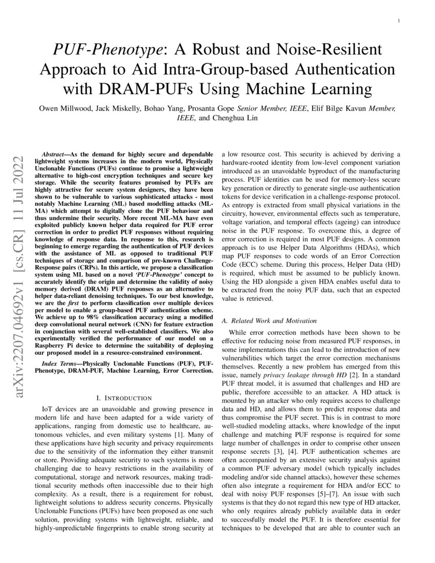 PUF-Phenotype: A Robust and Noise-Resilient Approach to Aid Intra-Group-based Authentication ...