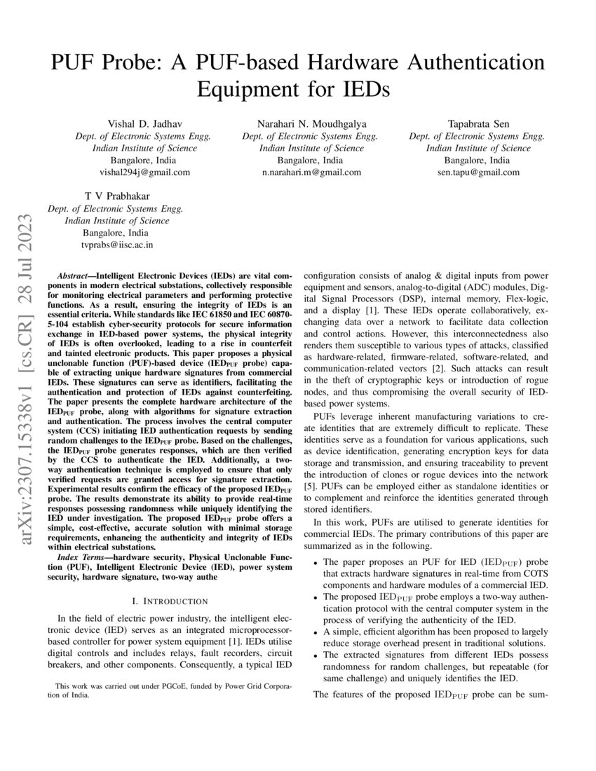 PUF Probe: A PUF-based Hardware Authentication Equipment for IEDs | DeepAI