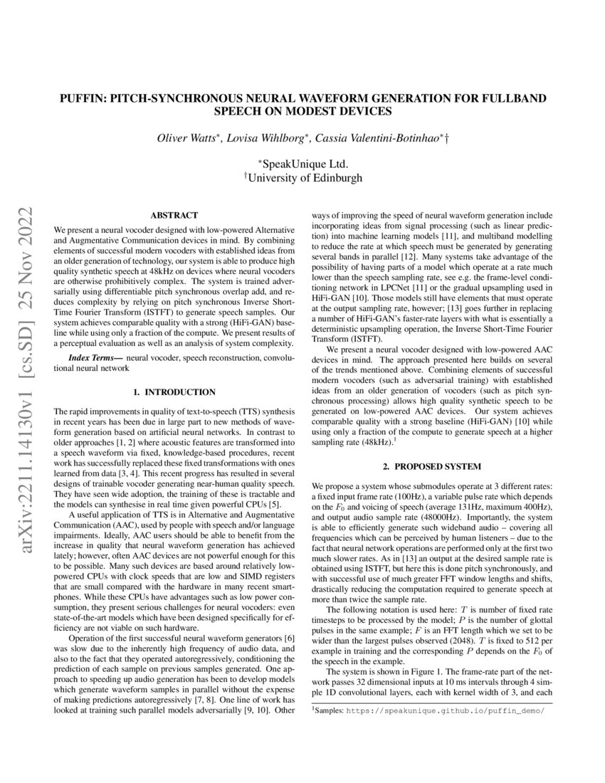 Puffin: pitch-synchronous neural waveform generation for fullband speech on modest devices | DeepAI