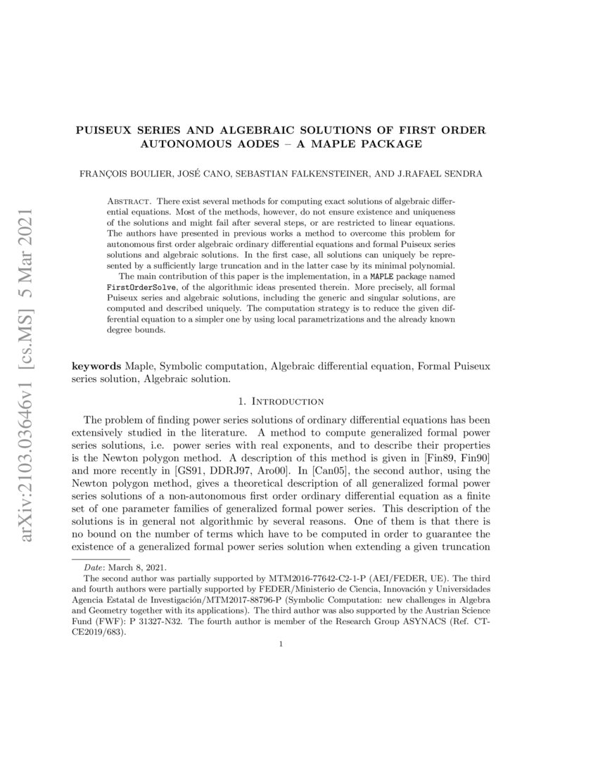 Puiseux Series and Algebraic Solutions of First Order Autonomous AODEs ...