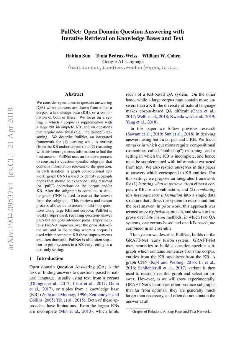 PullNet: Open Domain Question Answering with Iterative Retrieval on Knowledge Bases and Text ...