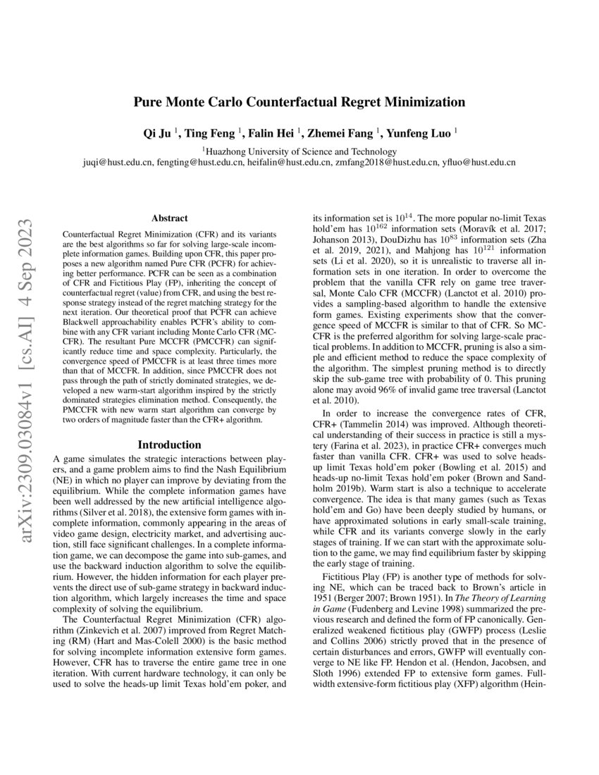 Pure Monte Carlo Counterfactual Regret Minimization | DeepAI