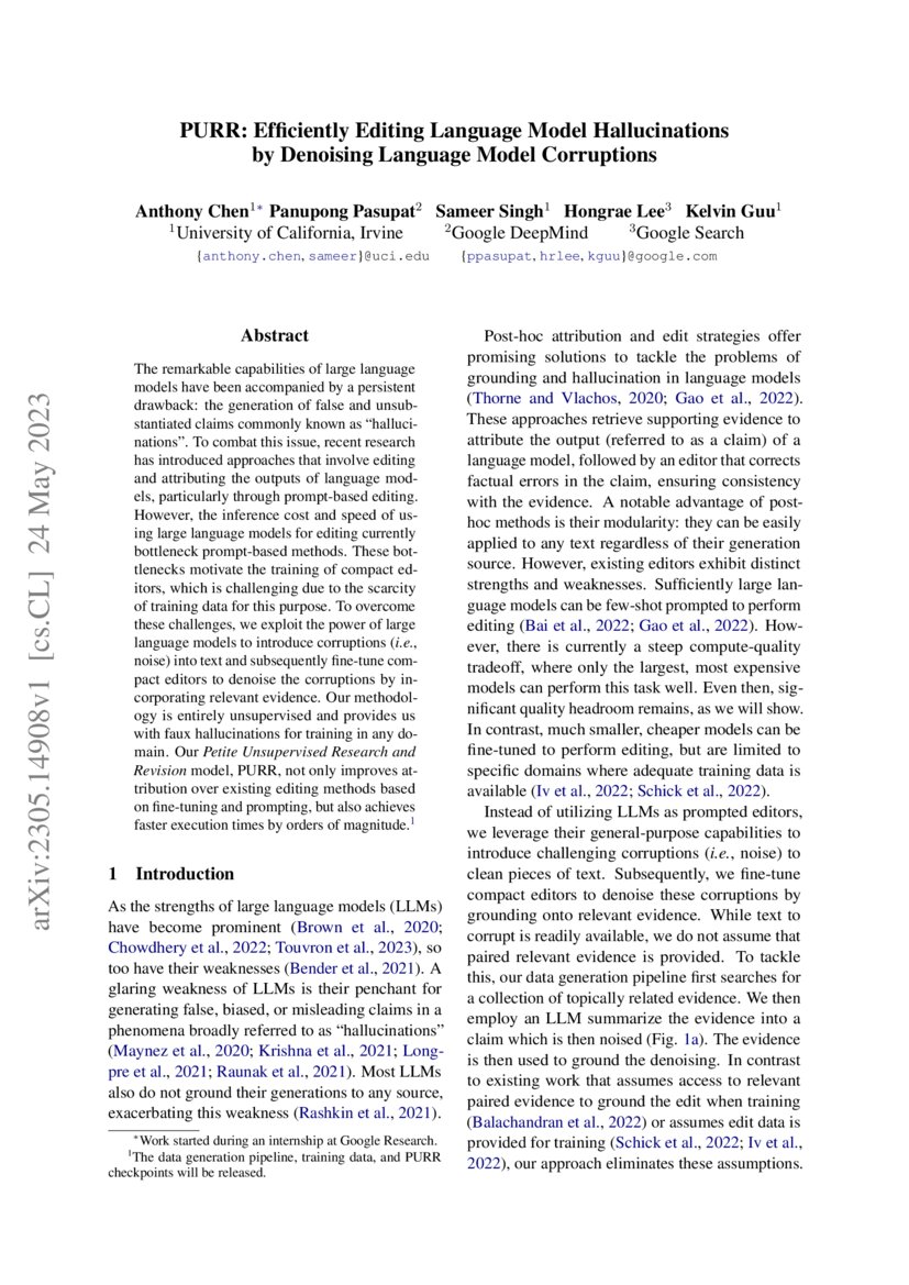 PURR: Efficiently Editing Language Model Hallucinations by Denoising Language Model Corruptions ...