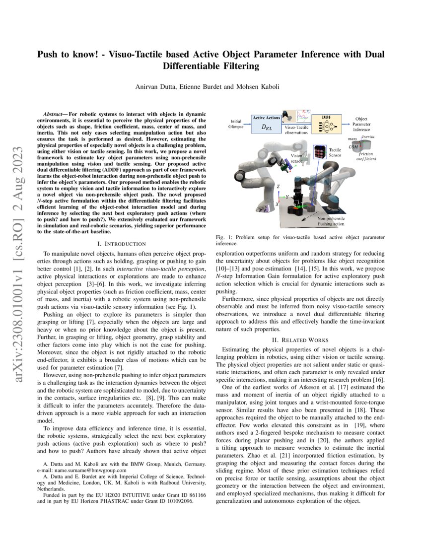 Push To Know Visuo Tactile Based Active Object Parameter Inference With Dual Differentiable