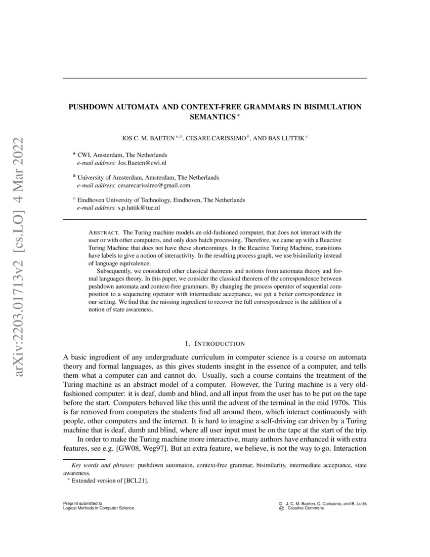 Pushdown Automata and Context-Free Grammars in Bisimulation Semantics | DeepAI