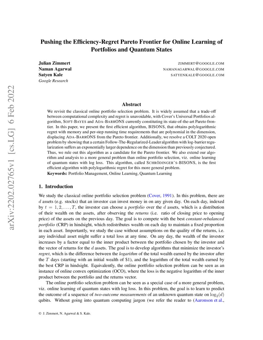 Pushing The Efficiency Regret Pareto Frontier For Online Learning Of Portfolios And Quantum