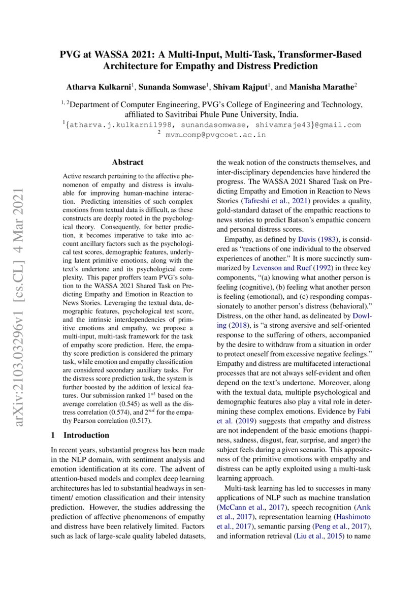PVG at WASSA 2021: A Multi-Input, Multi-Task, Transformer-Based ...