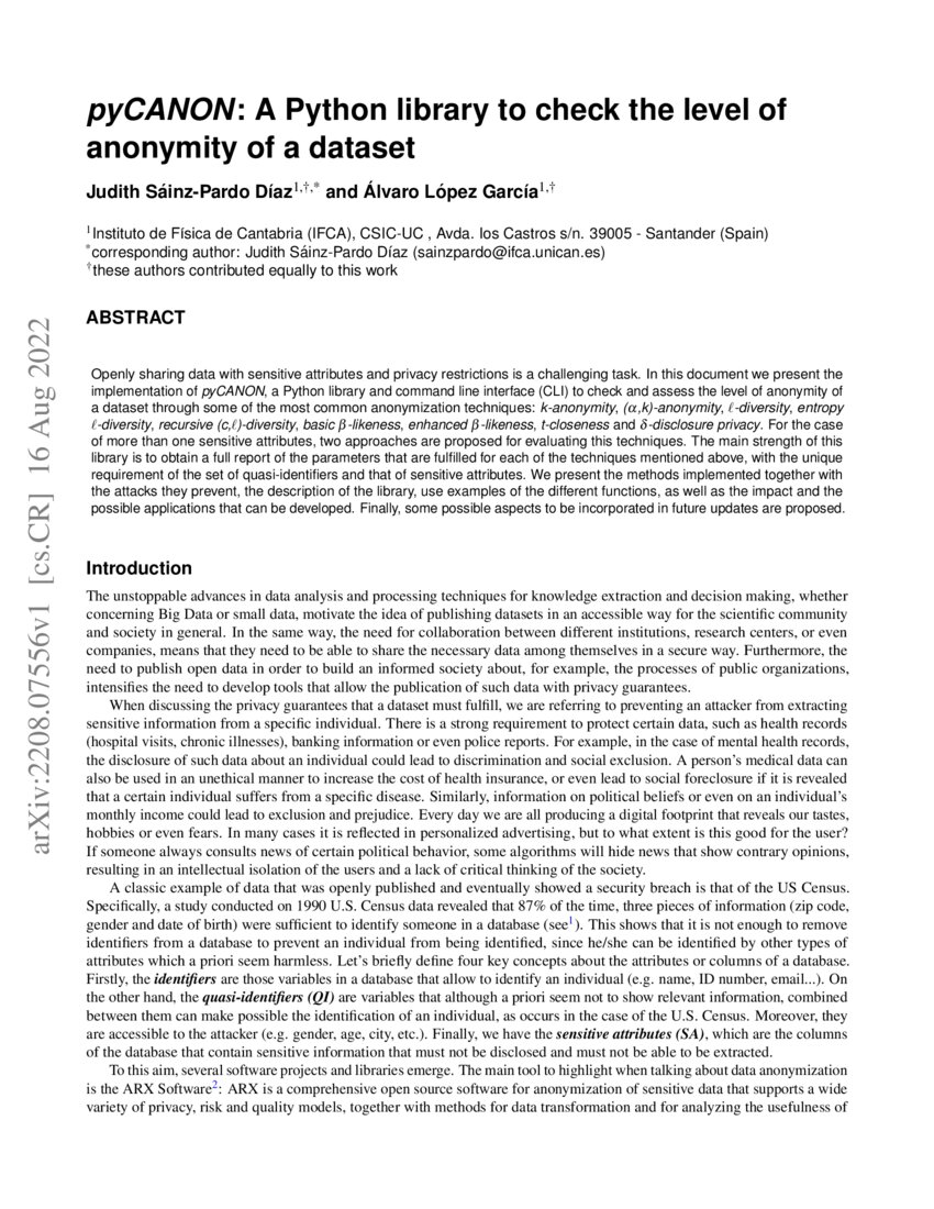 Pycanon A Python Library To Check The Level Of Anonymity Of A Dataset Deepai 4227