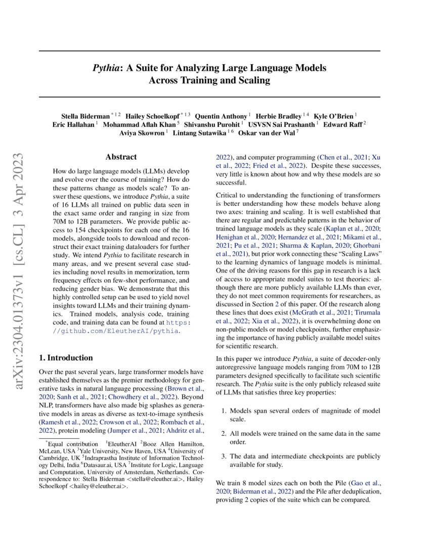 Pythia A Suite For Analyzing Large Language Models Across Training And