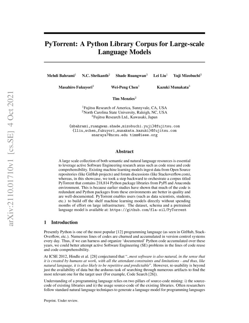 PyTorrent: A Python Library Corpus for Large-scale Language Models | DeepAI