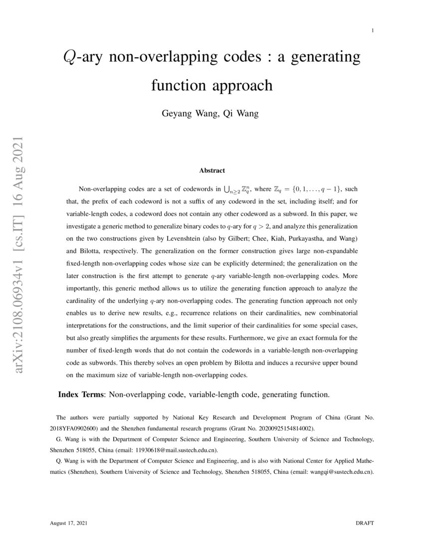 Q-ary non-overlapping codes: a generating function approach | DeepAI