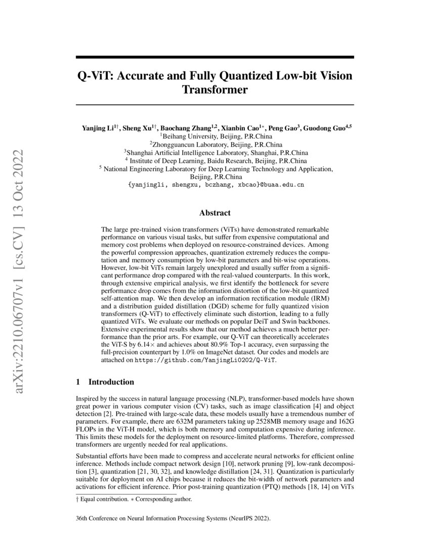 Q-ViT: Accurate and Fully Quantized Low-bit Vision Transformer | DeepAI