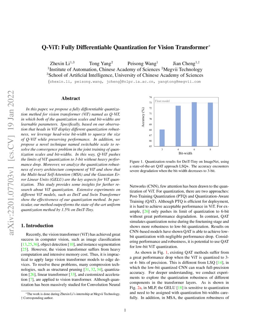 Q-ViT: Fully Differentiable Quantization for Vision Transformer | DeepAI