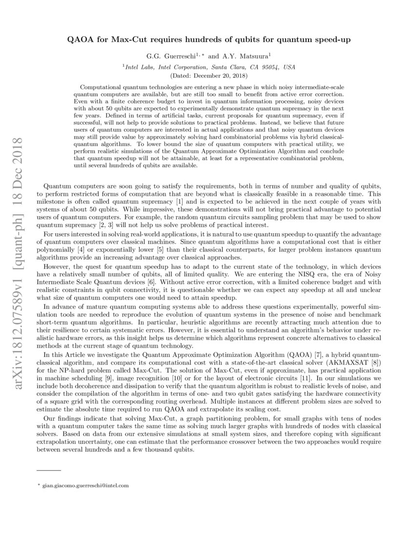 QAOA for Max-Cut requires hundreds of qubits for quantum speed-up | DeepAI