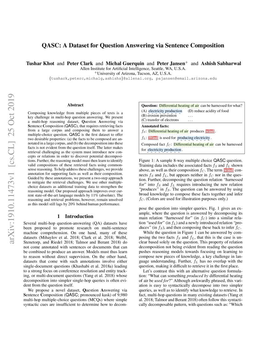 QASC: A Dataset for Question Answering via Sentence Composition | DeepAI