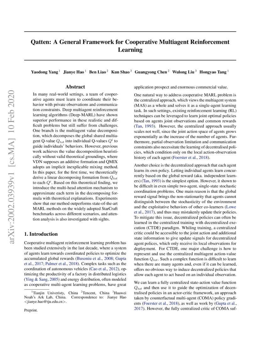 Qatten A General Framework For Cooperative Multiagent Reinforcement Learning Deepai