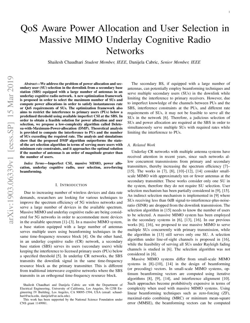 Qos Aware Power Allocation And User Selection In Massive Mimo Underlay Cognitive Radio Networks