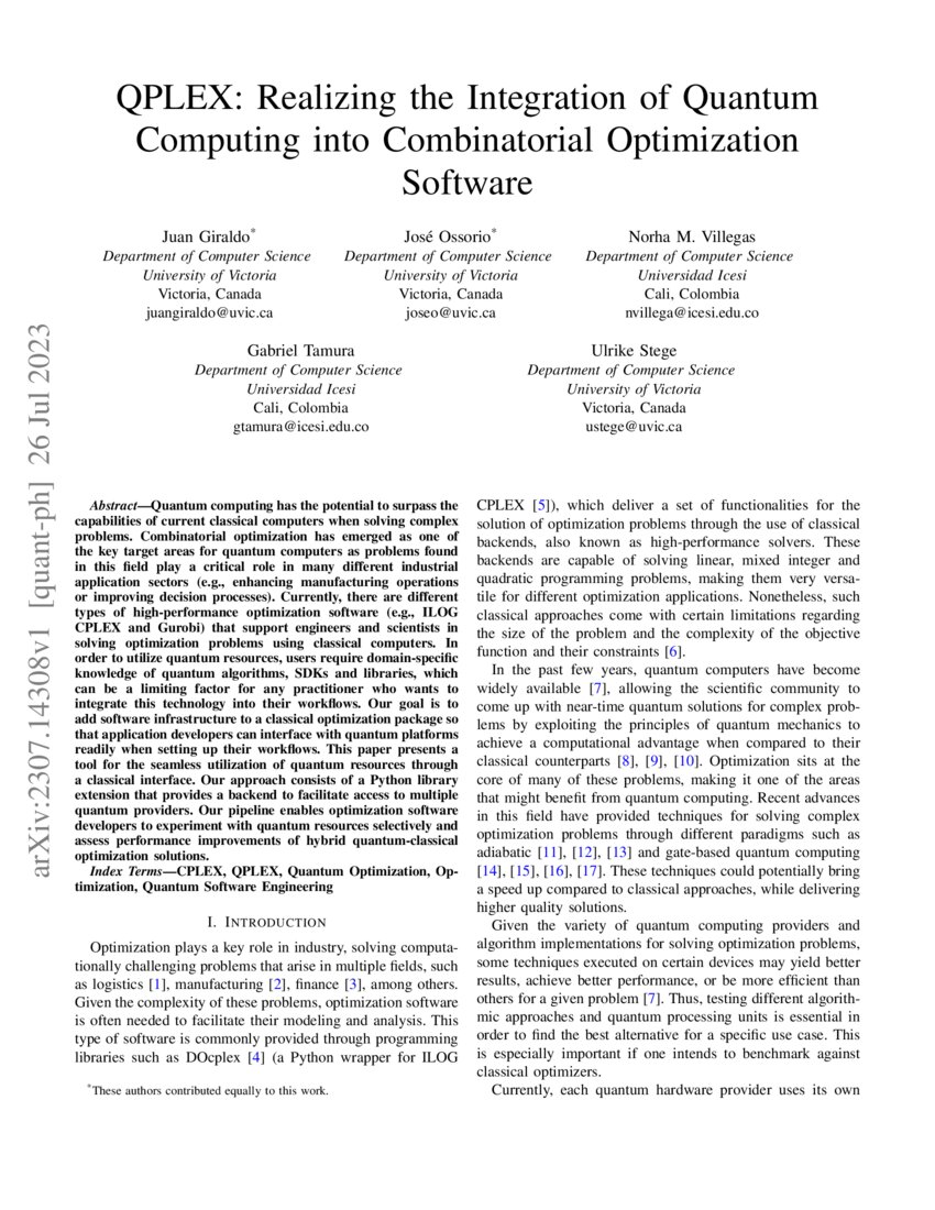 Qplex Realizing The Integration Of Quantum Computing Into Combinatorial Optimization Software