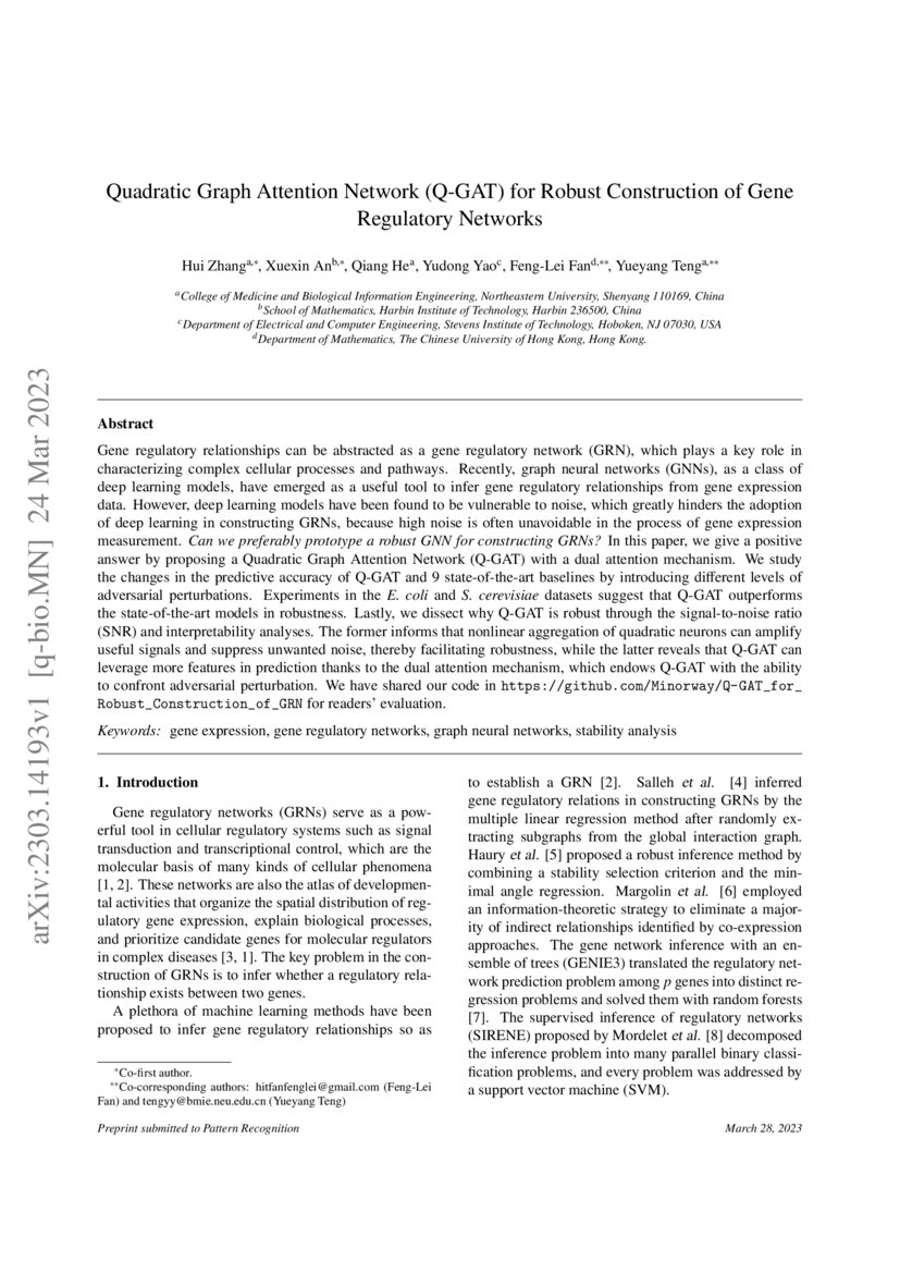 Quadratic Graph Attention Network (Q-GAT) for Robust Construction of Gene Regulatory Networks ...