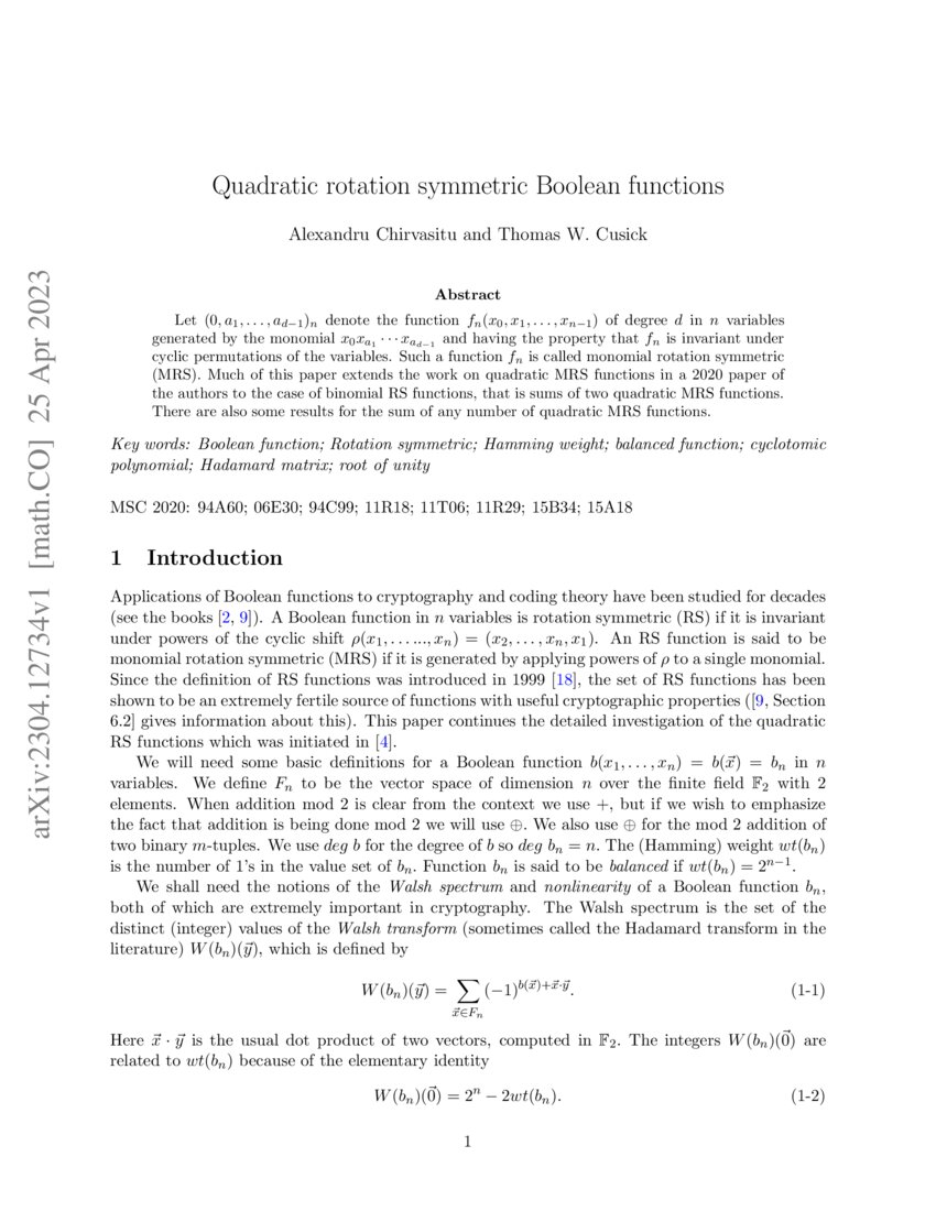 Quadratic Rotation Symmetric Boolean Functions Deepai