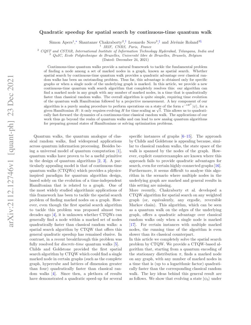 Quadratic Speedup For Spatial Search By Continuous Time Quantum Walk Deepai